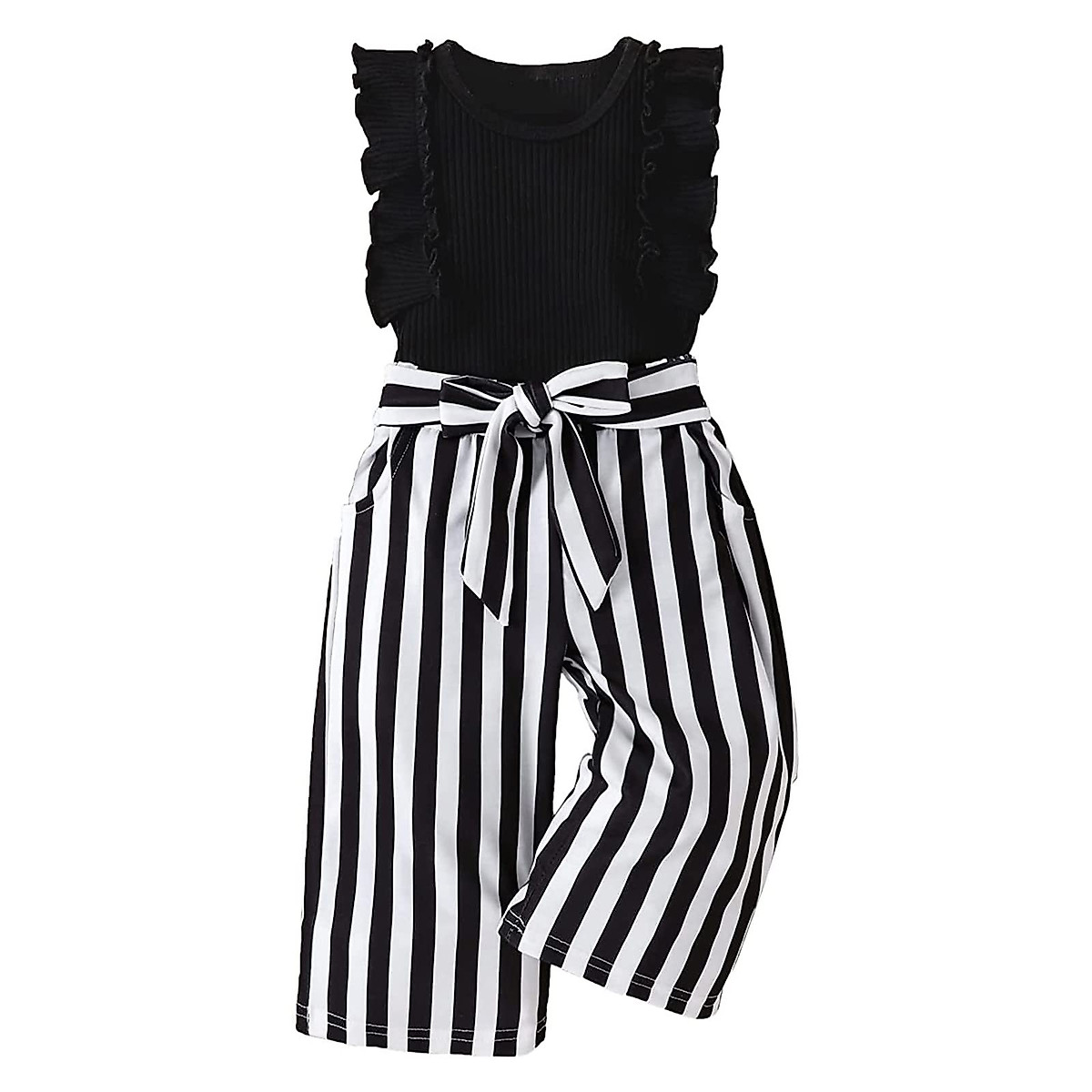 DREAM BUS 12-18 Months Toddler Baby Girl Clothes Summer Outfits Sets Ruffle Ribbed Sleeveless Vest Tank Top T-Shirts + Striped Print Pants