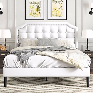 CXVX Full Size Platform Bed Frame with Headboard, Button Tufted & Rivet Design, No Box Spring Needed, Easy Assembly, No Noise, White Faux Leather