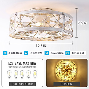 PAZALA Retro White Ceiling Fans with Lights, 20 inch Caged Ceiling Fan Light Fixture with Remote Control, Flush Mount Ceiling Fan with Light for Bedroom, Living Room, Kitchen