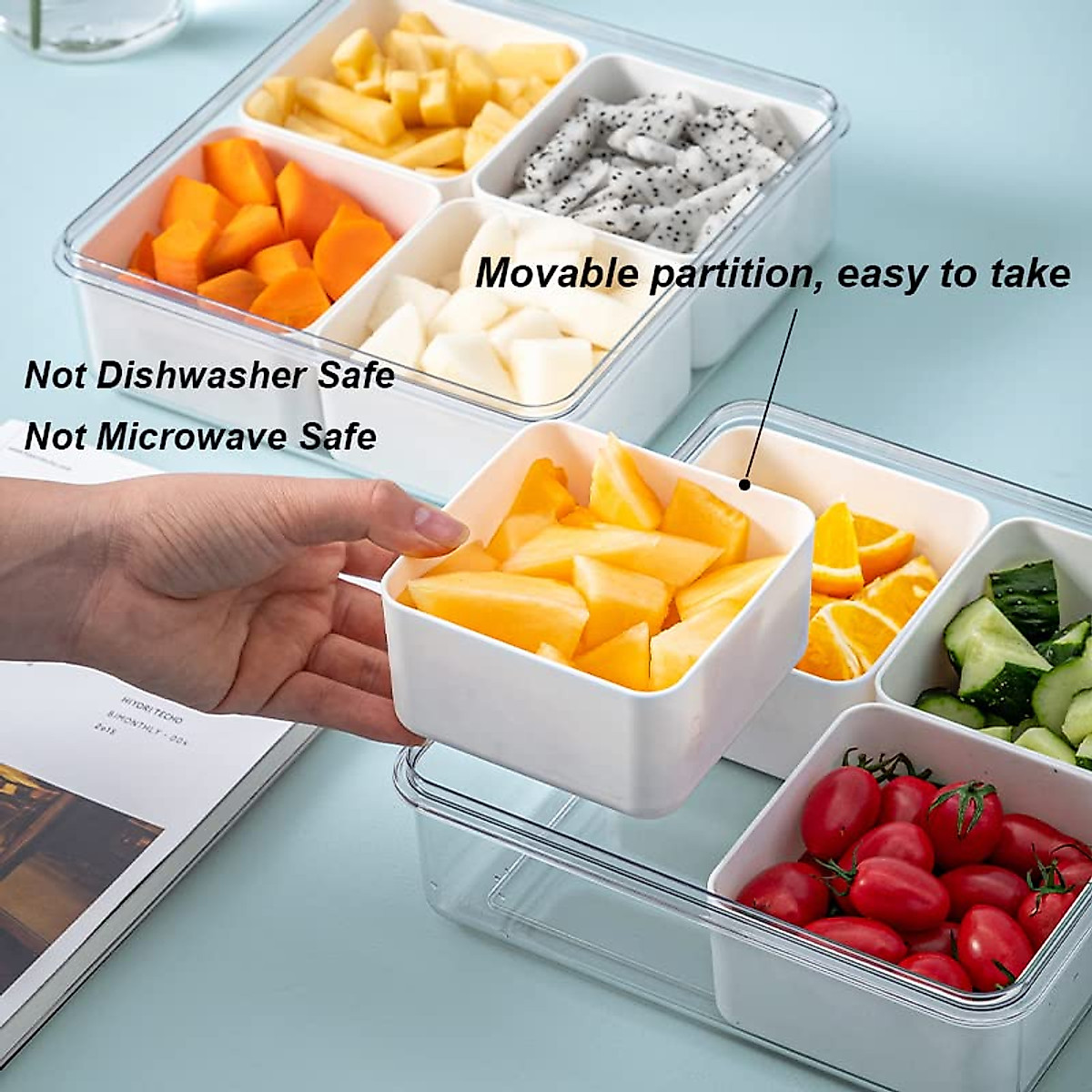 2pack Serving Trays for Party Divided Veggie Tray with Lid Sealed Sectioned Fruit Snack Serving Platter Vegetable Storage with 4 Compartments Snackle Box Charcuterie Container Fridge Organizer