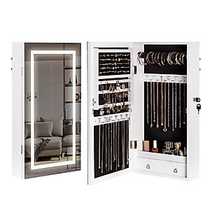LAVIEVERT Jewelry Armoire with LED Lighted Mirror, Wall/Door Mounted Frameless Mirror with 3 Color Lights, Lockable Jewelry Cabinet Hanging Jewelry Organizer with 2 Drawers - White