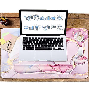 Keyboard Mouse Pad Set, Extended Mouse Pad+Keyboard Wrist Rest Support, Memory Foam Ergonomic Easy Typing, 3Pcs (35.4×15.7 in) Desk Pad Set for Home Office Study Game- Pink Marble