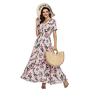 VintageClothing Women's Floral Print Maxi Dresses Boho Button Up Split Beach Party Dress,Pale Dogwood,X-Large