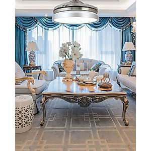 XM Retractable Ceiling Fan with Light and Remote Control Invisible Blades Ceiling Fan Chandelier LED 3 Light Color Change for Bedroom Living Room, 42 Inch