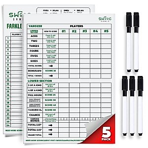SWOOC Games - 5 Big Dry Erase Yardzee & Farkle Score Cards with 5 Markers (11.5in x 8in) | Large Laminated Reusable Pads & Pens for Giant Dice Games | Jumbo Yardzee Score Card and Farkle Score Sheets