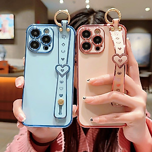 IDweel for iPhone 13 Pro Max Case with Adjustable Wristband Strap Kickstand Loop Heart Luxury Plating,Raised Corners Bumper Shockproof Slim Fit Durable Cover for Women Girls,Rose Gold