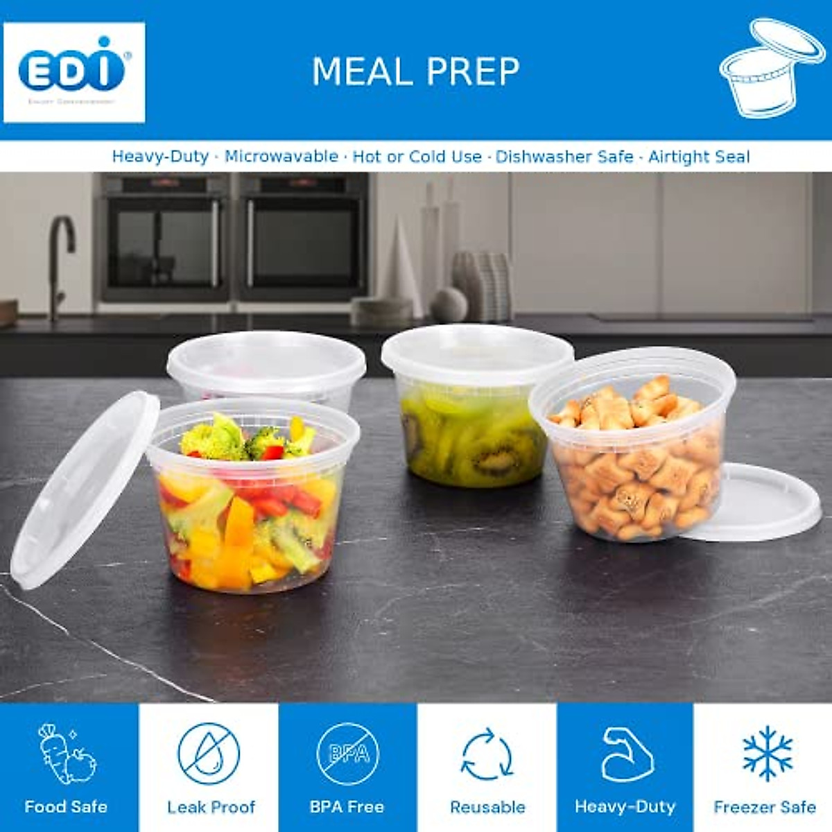 EDI [16 OZ, 50 Sets] Plastic Deli Food Storage Containers with Airtight Lids | Microwave-, Freezer-, Dishwasher-Safe | BPA Free | Heavy-Duty | Meal Prep | Leakproof | Recyclable