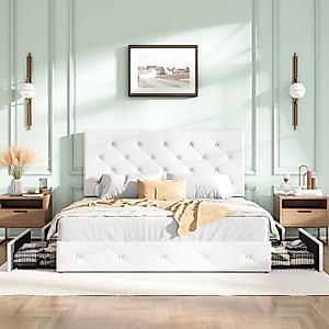 SHA CERLIN Upholstered Queen Platform Storage Bed Frame with 4 Drawers, Adjustable Headboard with Faux Leather Diamond Button Tufted Design, Wooden Slat Support, No Box Spring Needed, White