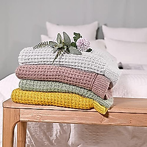 Amélie Home Soft Cozy Waffle Knit Throw Blanket with Ruffled Fringe, Decorative Lightweight Knitted Throw Blankets for Couch Bed Sofa (Misty Rose, 50'' x 60'')