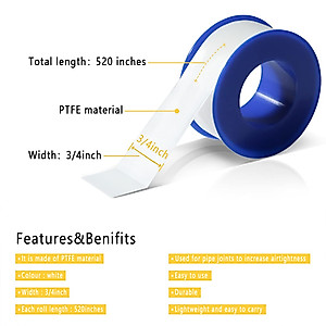 VOTMELL 4 Rolls 3/4 Inch(W) X 520 Inches(L) Teflon Tape,for Plumbers Tape,Plumbing Tape,PTFE Tape,Thread Tape,Plumber Tape for Shower Head,Pipe Sealing,Thread Seal,White