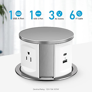 HHSOET 4-3/4 Inch Extra Large Pop Up Outlet for Countertop, Large Round Pop-up Power Strip with USB C Port for Kitchen Counters, in Desk Grommet Outlet Center with 3 Outlet and USB Ports.