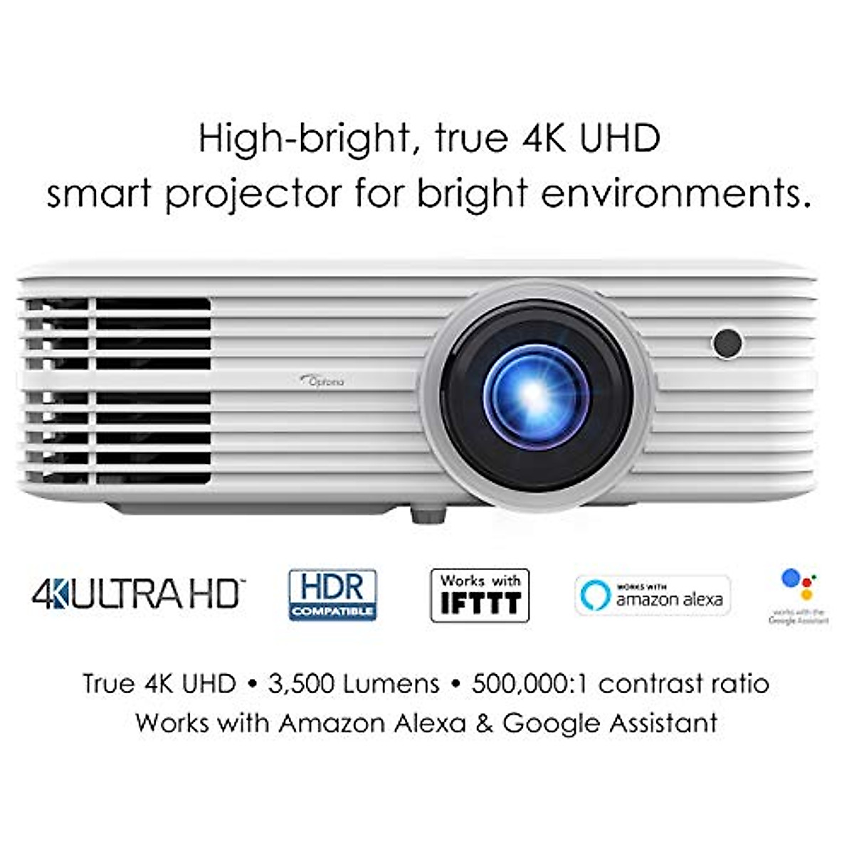 Optoma UHD52ALV Voice Assistant-Compatible DLP Projector for Lights-On Viewing, 3500 Lumen, 3840x2160
