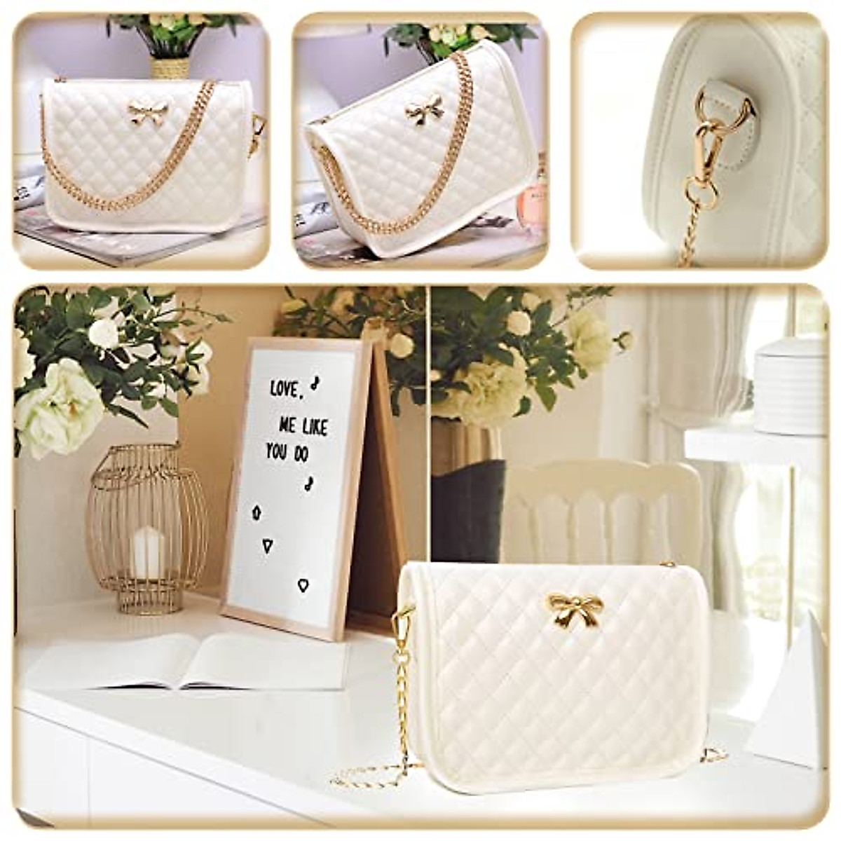 H HANBELLA - A FASHION TRENDY COLLECTION. FOREVER. - Small Crossbody Purse for Womens and Girls - Cute Off White Shoulder Bow Bag Quilted Leather Handbag - Satchel for Ladies and Teens