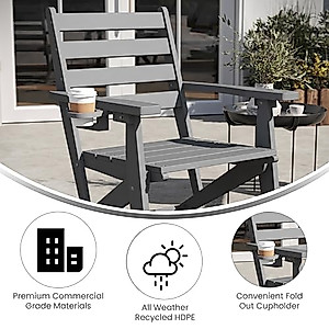 Flash Furniture Tolleson Adirondack Dining Chair with Cup Holder, Commercial Weather Resistant Recycled HDPE Adirondack Chair, Fold Out Cupholder, Gray