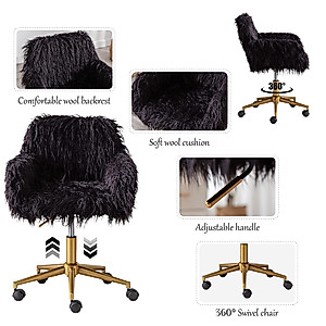 KCC Fluffy Office Desk Chair, Faux Fur Modern Swivel Armchair with Wheels, Soft Comfy Fuzzy Elegant Accent Makeup Vanity Chairs for Women Girls, Home Living Dressing Room Bedroom, Black