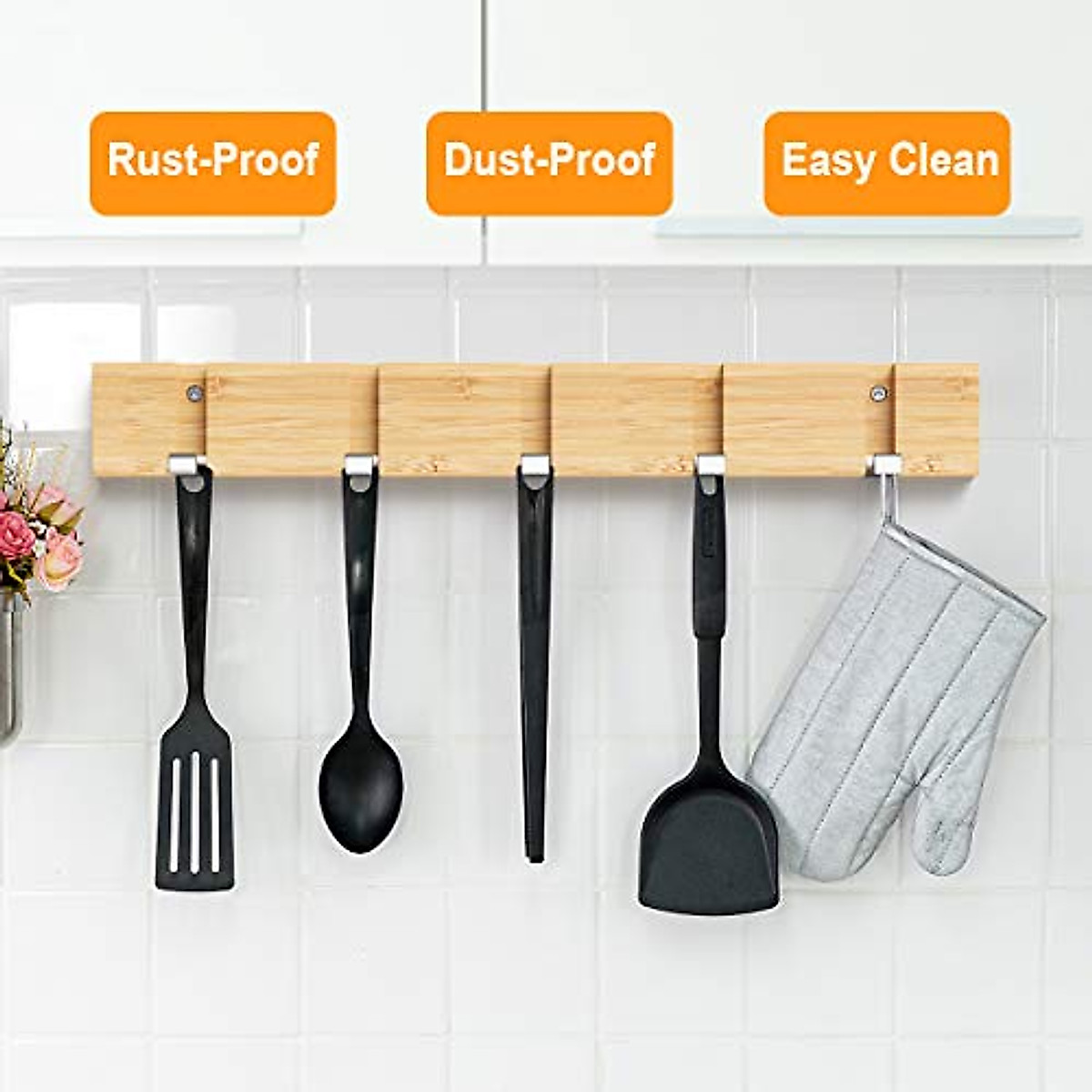 Anjuer Coat Hanger Wall Mounted Clothes Rack 5 Retractable Hooks Heavy Duty Clothes Hat Holder Bamboo Board Silver Hooks