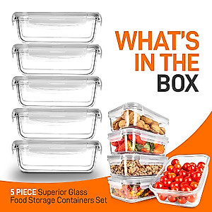 NutriChef 10-Piece Glass Food Containers - Stackable Superior Glass Meal-prep Storage Containers, Newly Innovated Leakproof Locking Lids w/Air Hole, Freezer-to-Oven-Safe (Gray)