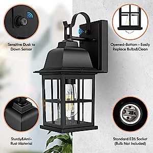 2-Pack Dusk to Dawn Outdoor Wall Lantern, Exterior Porch Light Fixtures Wall Mount with Photocell, 100% Anti-Rust Aluminium Outside Black Wall Lights, Waterproof Patio Wall Lights for House Garage