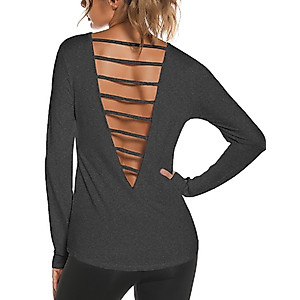 Back Long Sleeve Workout Tops for Women with Thumb Hole Backless Crewneck Gym Yoga Shirts Black