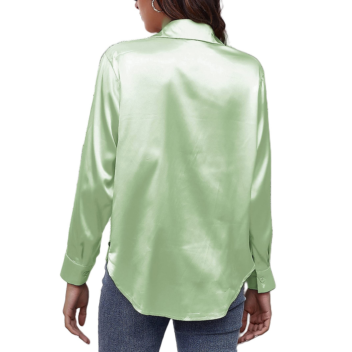 Avanova Women's Long Sleeve Satin Blouse Top Casual V Neck Button Down Work Shirt Light Green Large