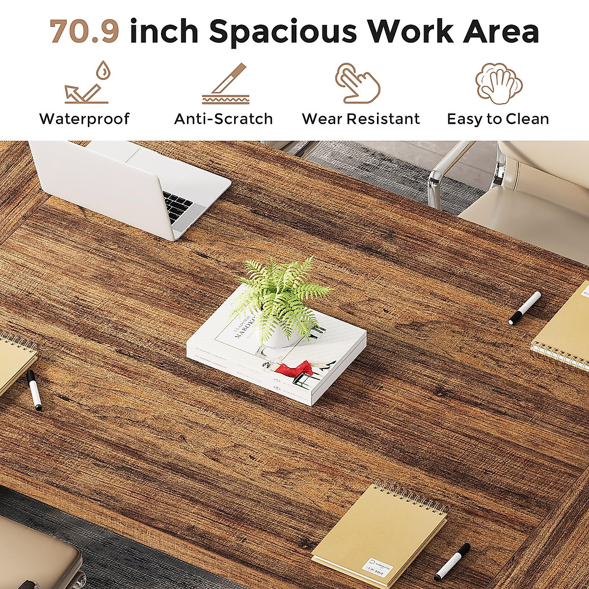 Condemo 71 inch Large Executive Office Desk, Simple Computer Desk Workstation, Modern Industrial Study Writing Table, Business Furniture for Home Office, Rustic Brown