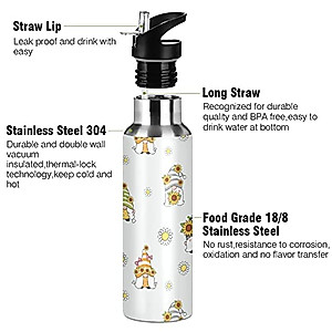 Kigai Sunflower Gnome Water Bottle with Straw Lid 32oz Vacuum Insulated Stainless Steel Sport Water Bottles for Gym, School, Travel