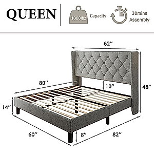 iPormis Queen Bed Frame Upholstered Wingback Platform Bed Frame with Diamond Button Tufted Headboard, 8" Under-Bed Space, Sturdy Wooden Slats, Noise-Free, No Box Spring Needed, Light Gray