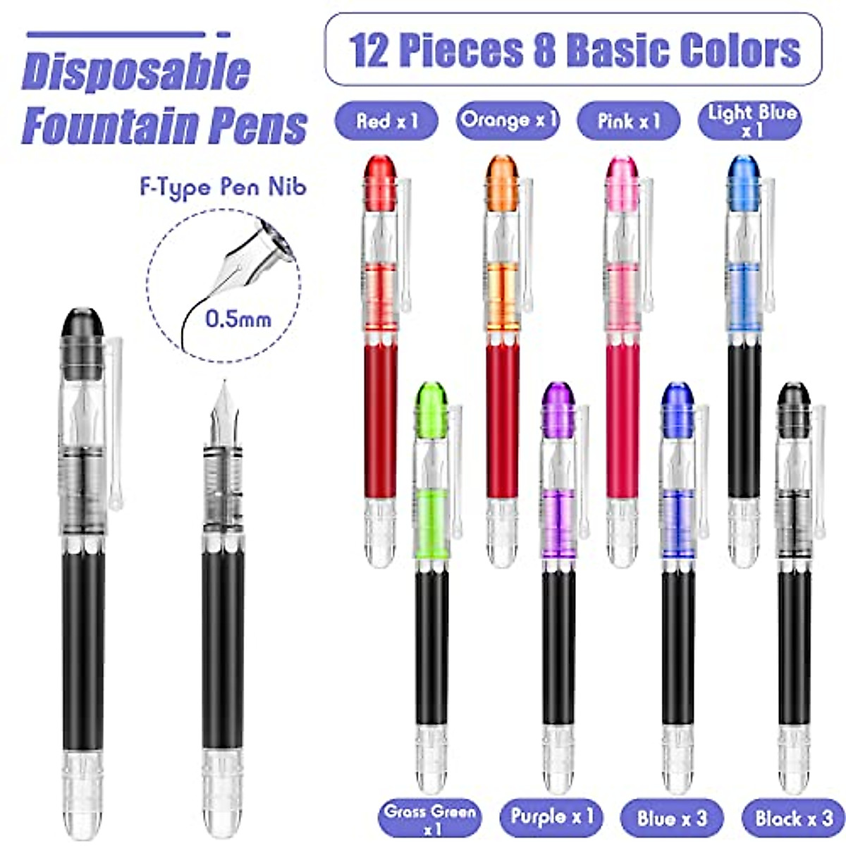 12 Pieces Disposable Fountain Pens, Quick-Drying Ink Pen, Smooth-Writing Multicolor Art Supplies for Sketching, Journaling, Calligraphy and Doodling (Mixed Colors)