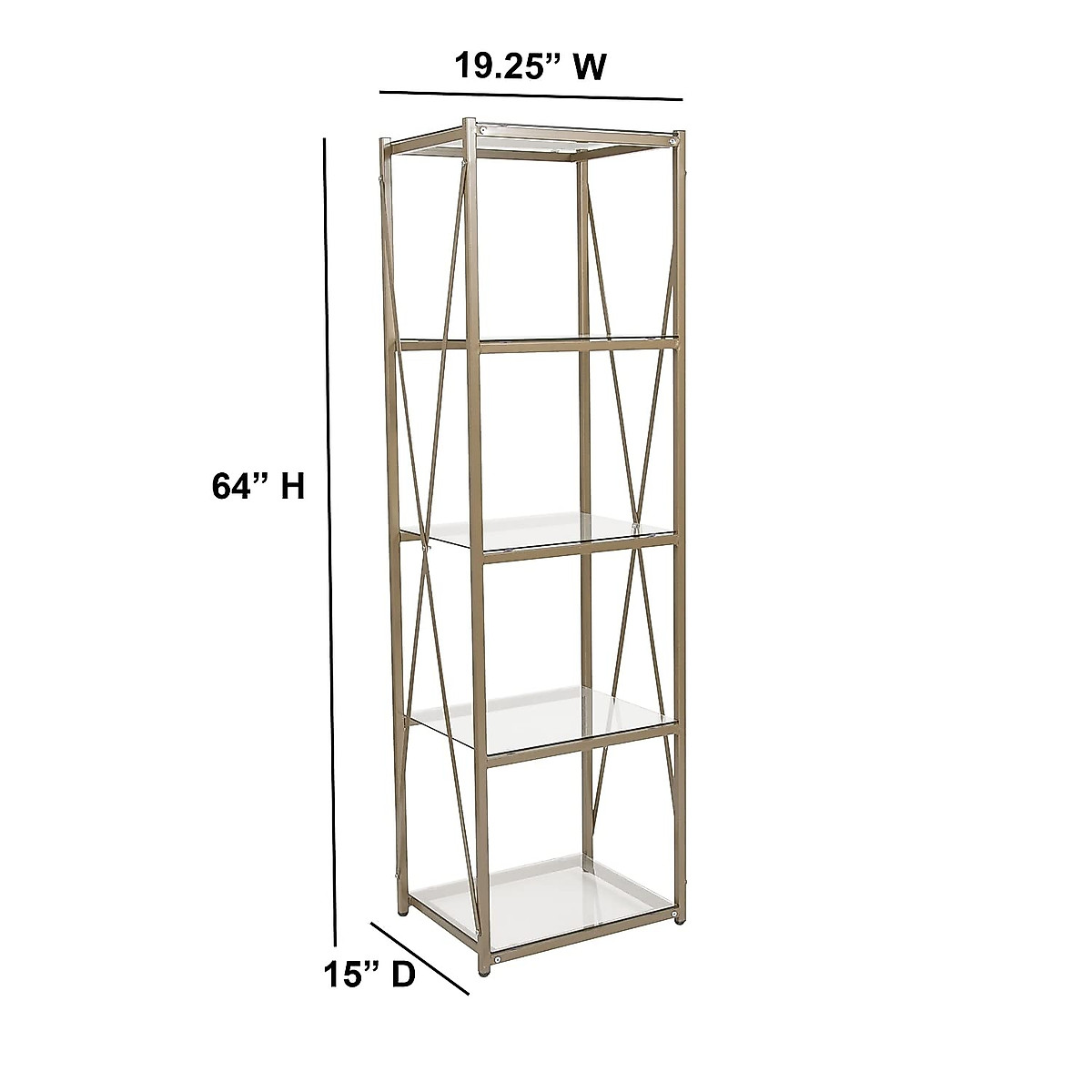 Flash Furniture Mar Vista Collection 4 Shelf 64"H Cross Brace Glass Bookcase in Matte Gold