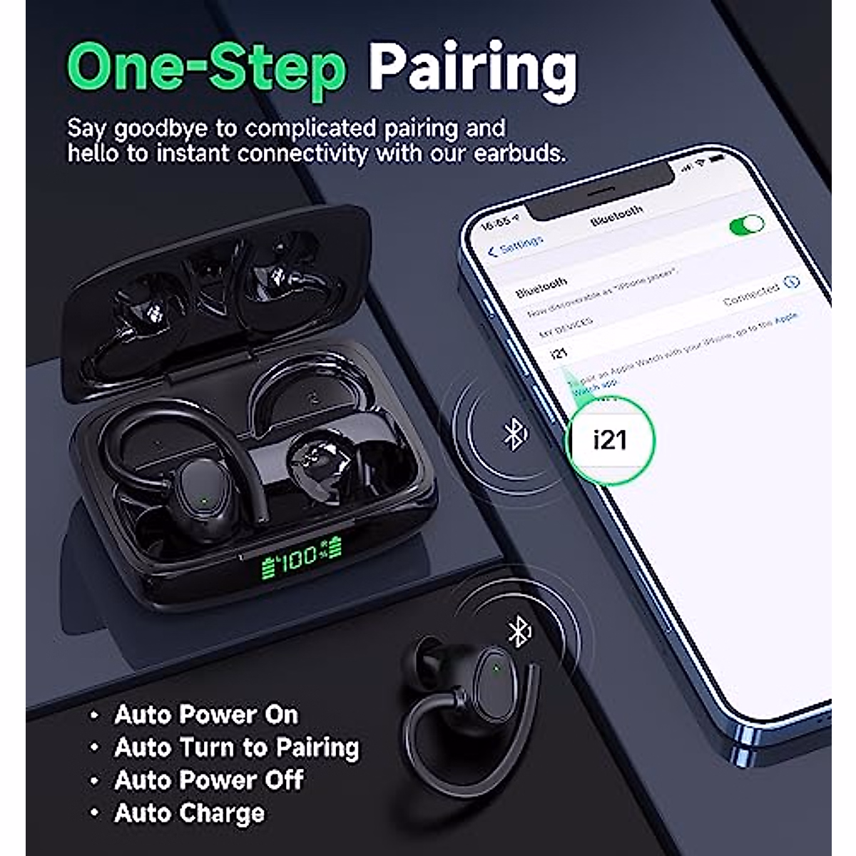 KORSKR Wireless Earbuds Bluetooth 5.3 Ear Buds 42Hrs Playtime Bluetooth Headphones with Charging Case Stereo Bass Over-Ear Earphones with Earhooks Built-in Mic Waterproof Headset for Sports Black