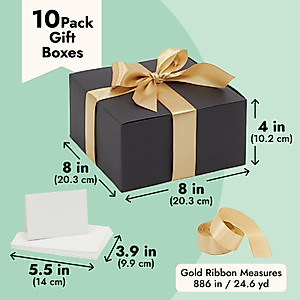 Stockroom Plus 10 Pack Black Gift Boxes with Lids, Ribbon and Blank White Greeting Cards (8 x 8 x 4 in)