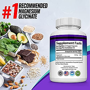 Magnesium Glycinate Complex 525 mg High Absorption 100% DV Chelated - Formulated for Recovery, Maximum Bioavailability Vegan for Men Women, 90 Capsules, Toplux