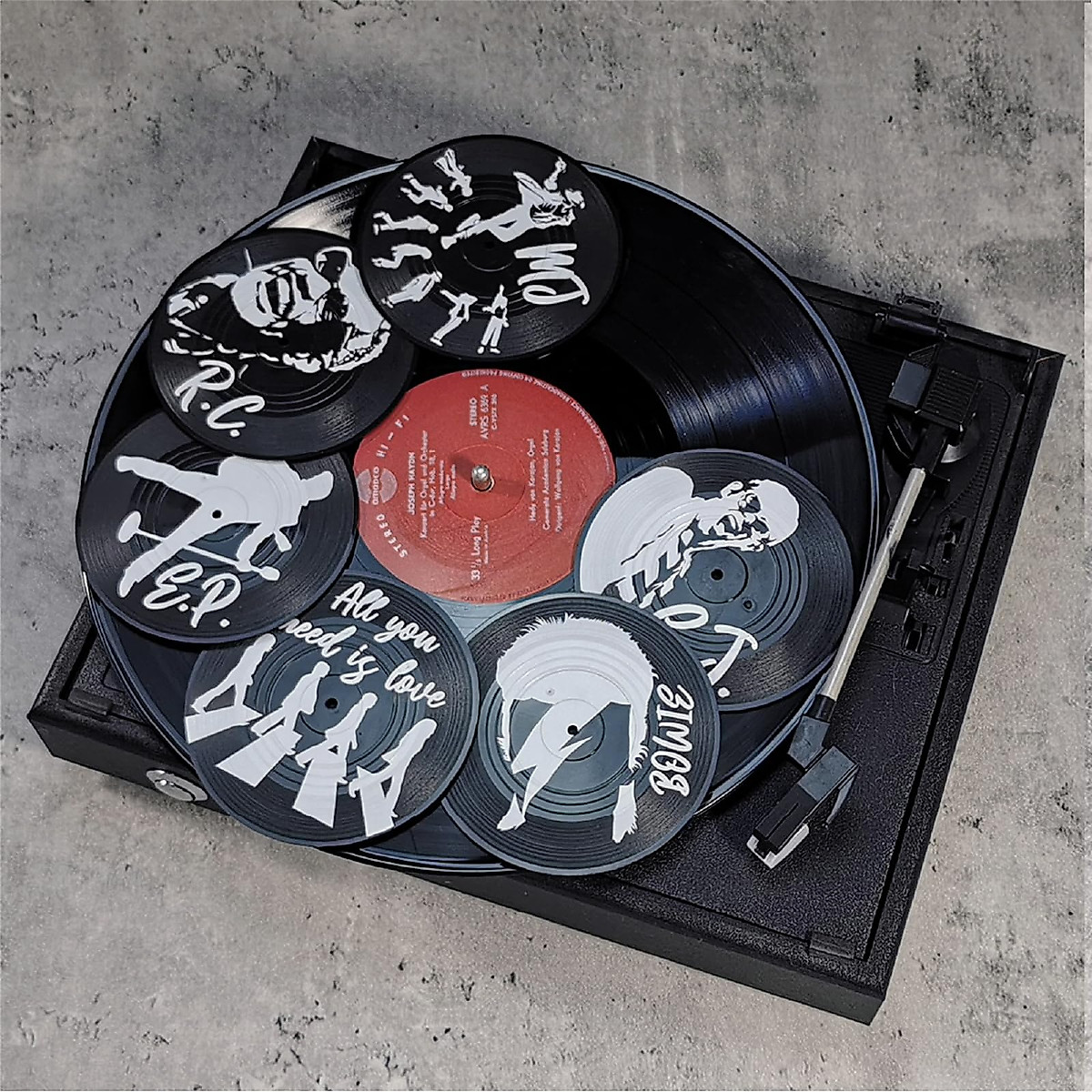 REDIVA Vinyl Record Coasters for Drinks with Record Player Holder, 6 Pcs Retro and Legendary Coasters Set, Funny Coasters for Music Lovers, Housewarming Hostess Gifts, Birthday Gift Ideas