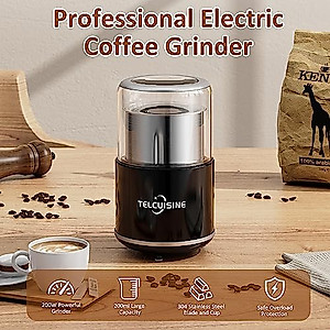 Telcuisine Coffee Bean Grinder, 200ml Small Coffee Grinder Electric Espresso Grinder with 304 Stainless Steel Blades for Beans, Nuts, Herbs, Grain and Salt, Spice Grinder with Cleaning Brush, 200W