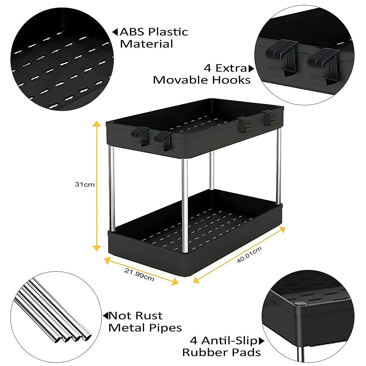 Under Sink Organizers and Storage, 2 Tier Storage Under Cabinet Bathroom Kitchen Organization and Storage with 4 Hooks, Multi-Purpose Under Sink Storage for Bathroom Kitchen, Black