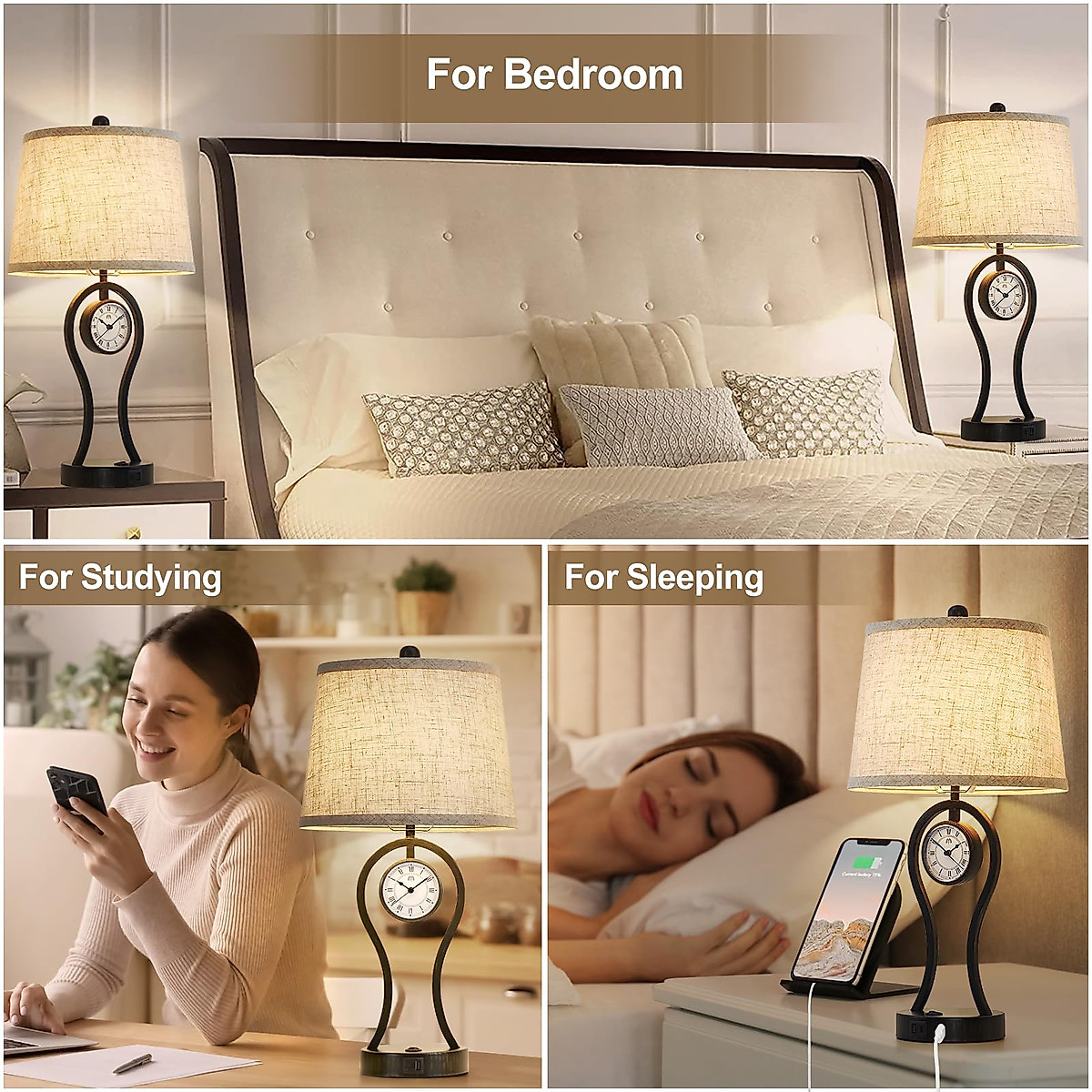 Luvkczc Vintage Clock Lamp, Black Metal with USB Charging Ports, LED Bulbs Included, 3-Year Warranty