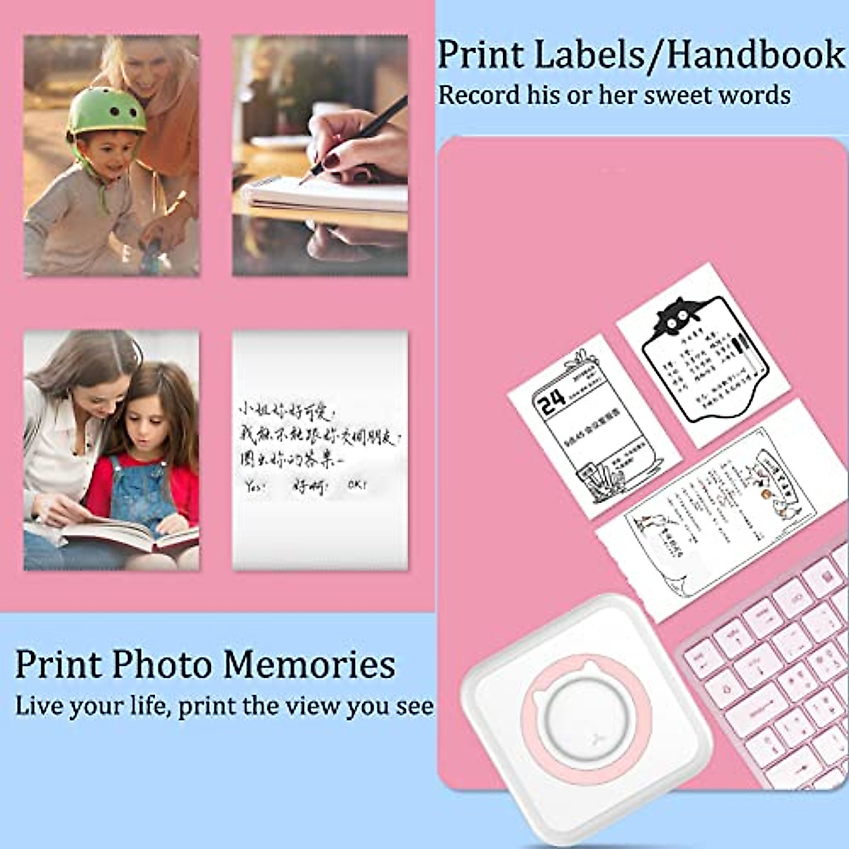 Cuifati Mini Printer Thermal Portable Wireless Bluetooth Label Wrong Question Printing 200dpi Phone Photo Printer (Pink)