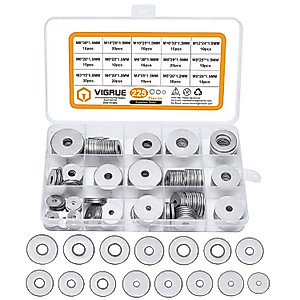 VIGRUE 304 Stainless Steel Flat Washers Set Washers Hardware Assortment 225 Pieces -15 Sizes M3 M4 M5 M6 M8 M10 M12