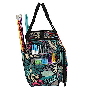 Knitting Tote Bag Yarn Storage Bag, for Carrying Projects Crochet Hooks, Knitting Needles, Yarn Balls, Sewing Supplies Organization (Blue Leaf)