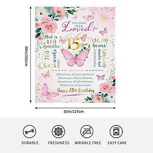 Birthday Gifts for 15 Year Old Girl Throw Blanket 60"x50", Quinceanera Gifts for Girl, 15th Birthday Gift Ideas for Teen Girls, Sweet 15 Birthday Gifts for Girls, Best Presents for 15 Yr Old Girls