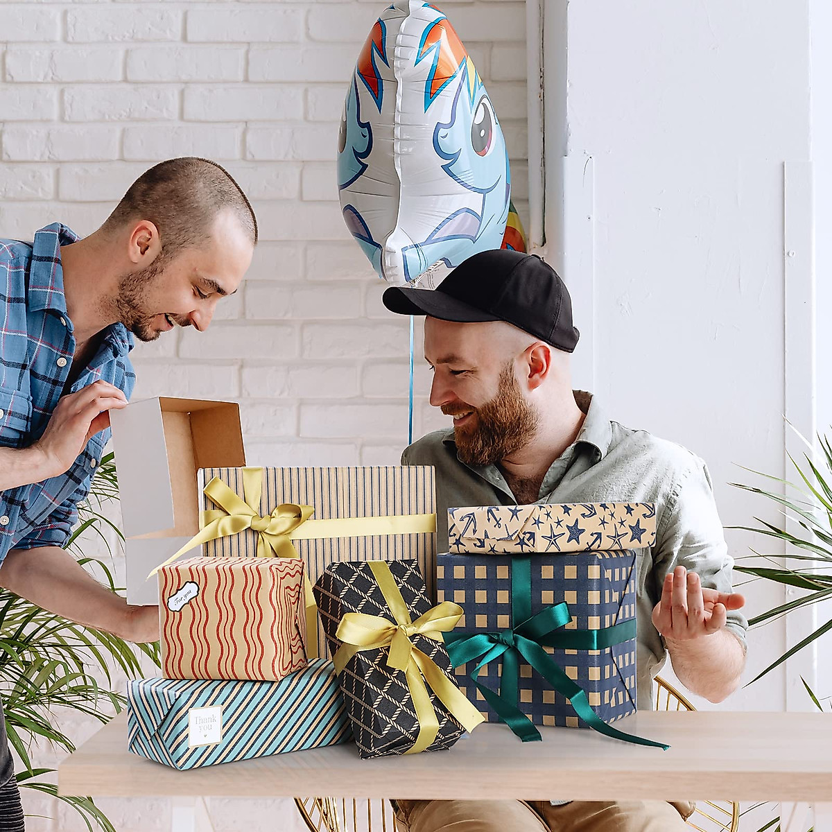 Hianjoo 6 Sheets Gift Wrapping Paper, 20x28 inch Recyclable Kraft Gift Wrapping Paper and 1 Sticker and 4 Ribbon for Birthday, Valentines, Christmas, Graduation, Baby Shower, Easter, DIY Craft