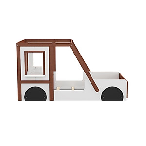 CABSETT Twin Size Car Bed Frame, Kids Platform Bed in Car-Shaped with Wheels and Door Design, Fun Play Twin Bed for Boys Girls Teens, No Box Spring Needed, White+Orange