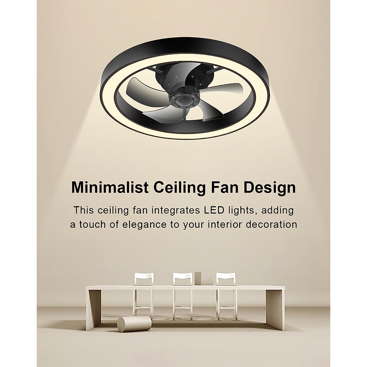 DOURARY Flush Mount Ceiling Fans with Lights and Remote, Minimalist 20 in Dimmable Low Profile Ceiling Fan, Match any Interior, Stepless Color Temperature Change, and 6 Speeds - Black