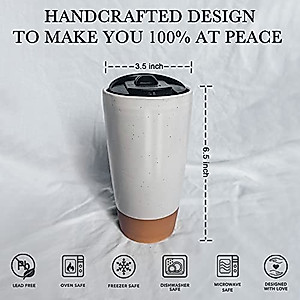 Mora Double Wall Ceramic Coffee Travel Mug with Lid, 14 oz, Portable, Microwave, Dishwasher Safe, Insulated Reusable Tall Cup, Splash Resistant Lid - To Go Tumbler for Car Cup Holder, Cotton White