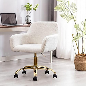 Modern Teddy Home Office Chair, Upholstered Cute Desk Chair with Gold Metal Legs, Adjustable Swivel Task Chair with Wheels, Vanity Chair for Girls Women Small Space Bedroom Study Makeup, White