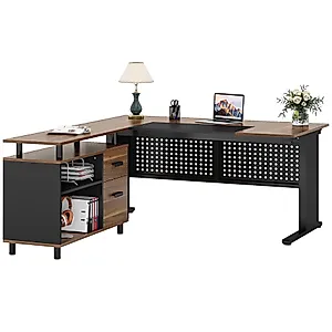 LITTLE TREE Large Computer Desk with File Cabinet, 63 Inch Executive Desk L Shaped Office Desk, Business Furniture Desk Workstation for Home Office, Brown and Black