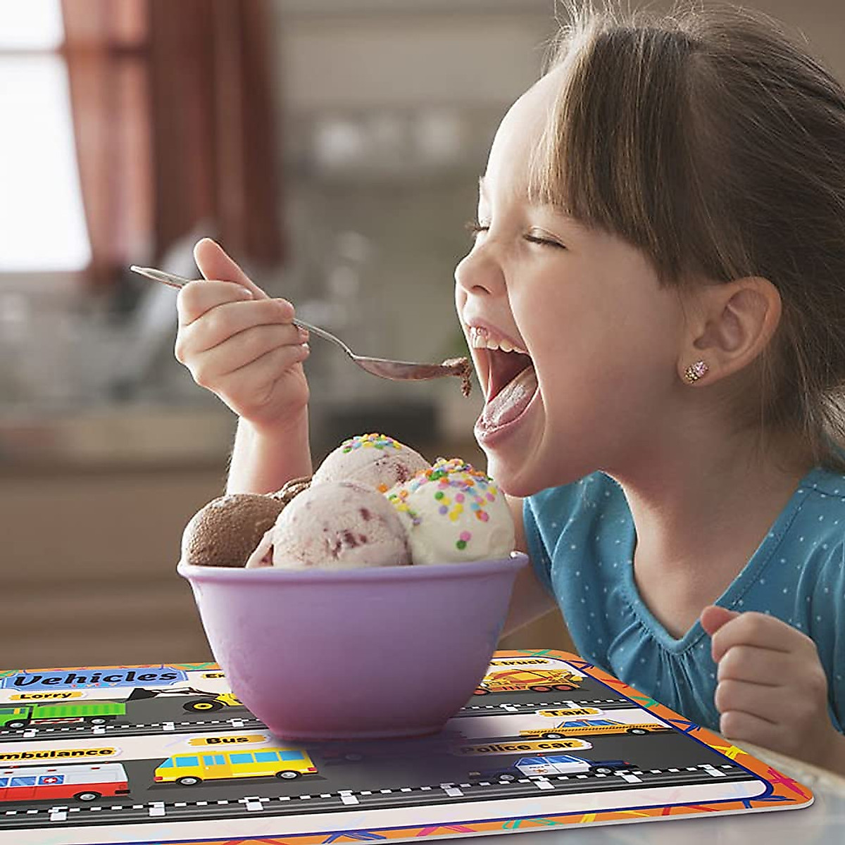 teytoy Kids Placemats Set of 5, Laminated Toddler Educational Learning Table Place Mats, Ball Weather Animal Fruit Vehicle, Children Montessori Eat Mat Non Slip Waterproof Heat Resistant