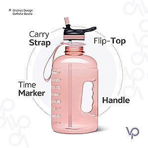 Venture Pal Half Gallon Water Bottle with 2 Lids, Large 64 oz Water Jug with Motivational Time Marker to Ensure You Drink Enough Water-Light Pink