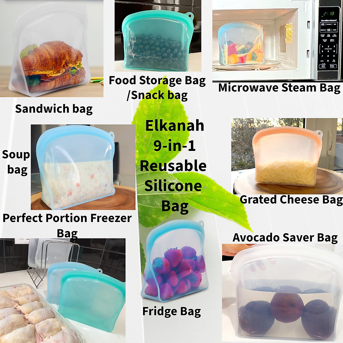 Elkanah Stand Up Food Grade Silicone Reusable Storage Bag Quart 42fl oz Freezer Bags Silicone for Food Storage -Leakproof, Microwave, Oven, Sous Vide & Dishwasher safe