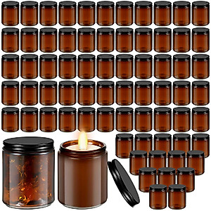 Lallisa 48 Pcs 8 oz Amber Glass Jars with Black Lids Round Glass Cosmetic Jars with Lids Empty Amber Candle Jars Refillable Food Storage Containers Canning Jar for Spice Powder Liquid Sample Makeup